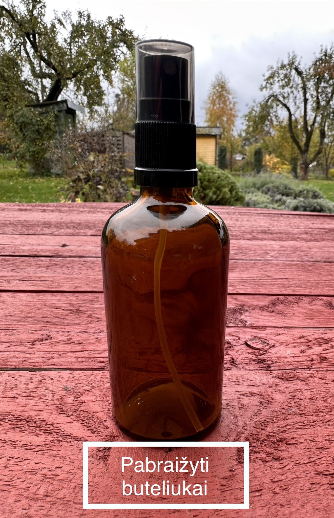 PABRAIŽYTŲ 100 ml rudo stiklo buteliuko GL18 su juodu purkštuku ...